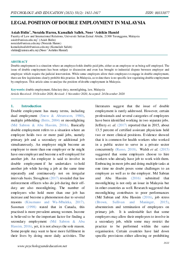 (PDF) Legal Position of Double Employment in Malaysia