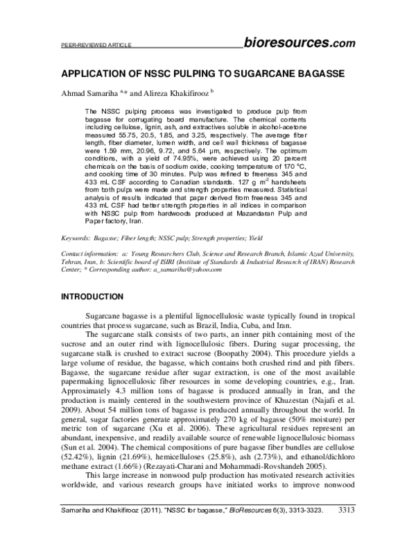 (PDF) Application of NSSC Pulping to Sugarcane Bagasse