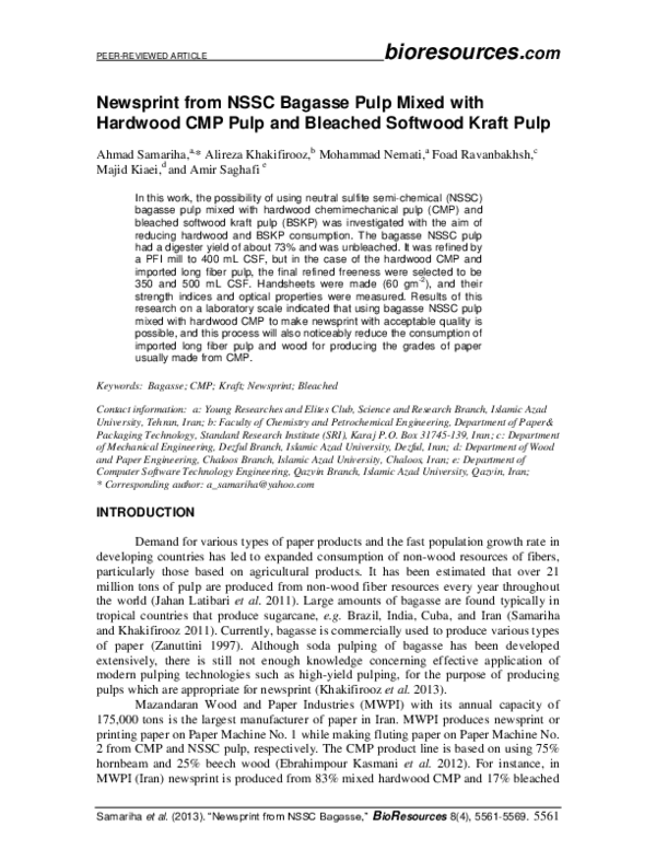 (PDF) Newsprint from NSSC Bagasse Pulp Mixed with Hardwood CMP Pulp and ...