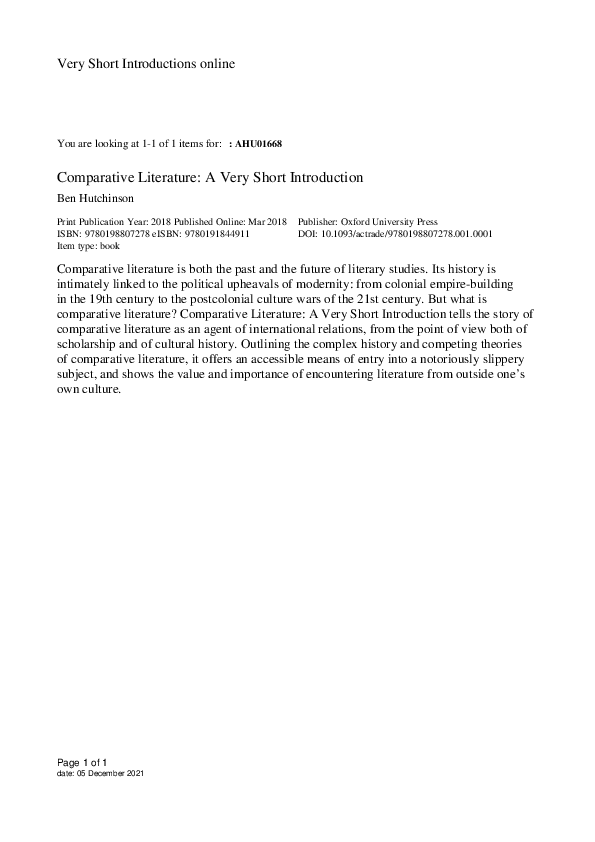 (PDF) Comparative Literature: A Very Short Introduction