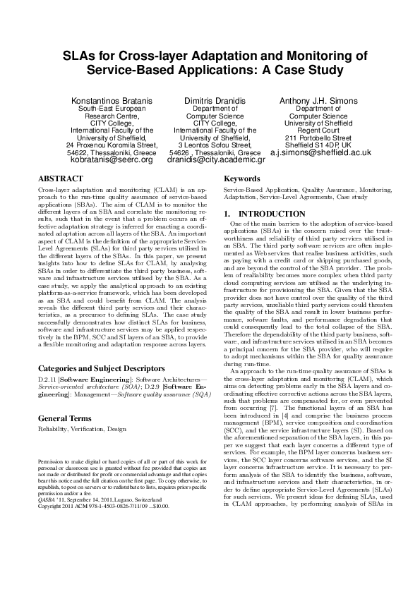 (PDF) SLAs for cross-layer adaptation and monitoring of service-based applications: a case study