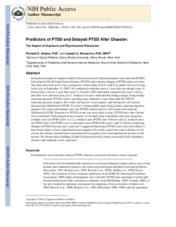 (PDF) Predictors of PTSD and Delayed PTSD After Disaster