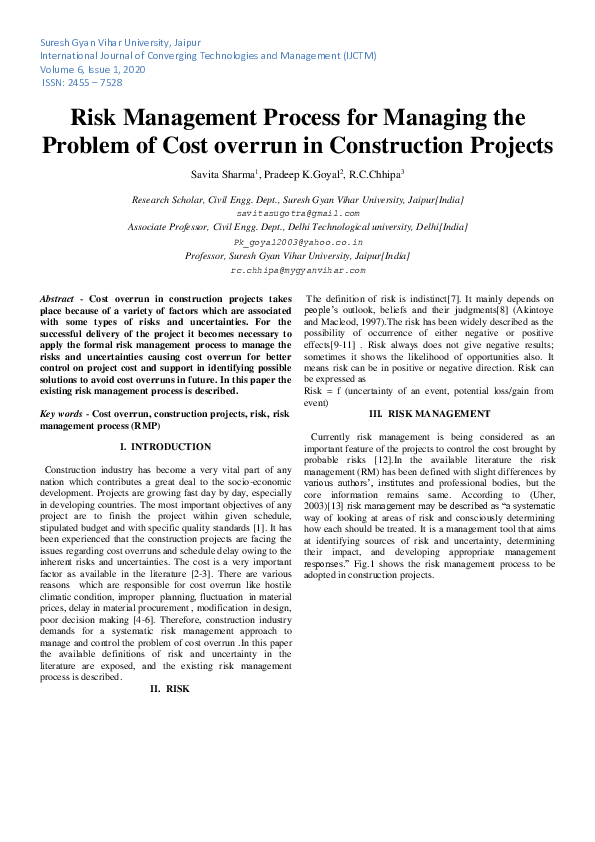 (PDF) Risk Management Process for Managing the Problem of Cost overrun ...