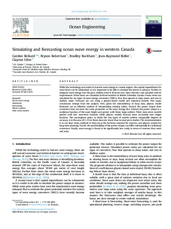 (PDF) Simulating and forecasting ocean wave energy in western Canada