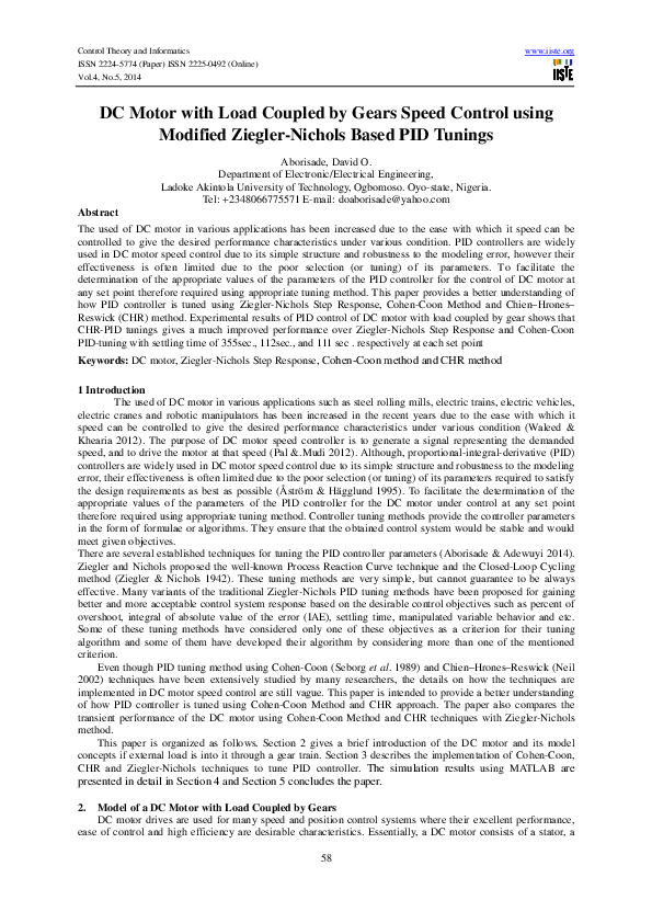 (PDF) DC Motor with Load Coupled by Gears Speed Control using Modified Ziegler-Nichols Based PID ...