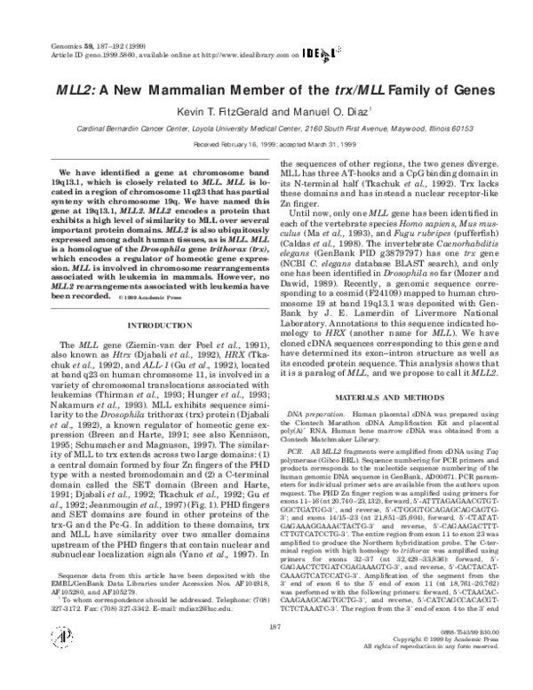 (PDF) MLL2: A New Mammalian Member of the trx/MLL Family of Genes ...
