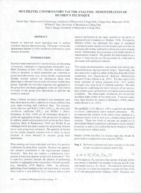 (PDF) Multilevel Confirmatory Factor Analysis: Demonstration of Muthen's Technique