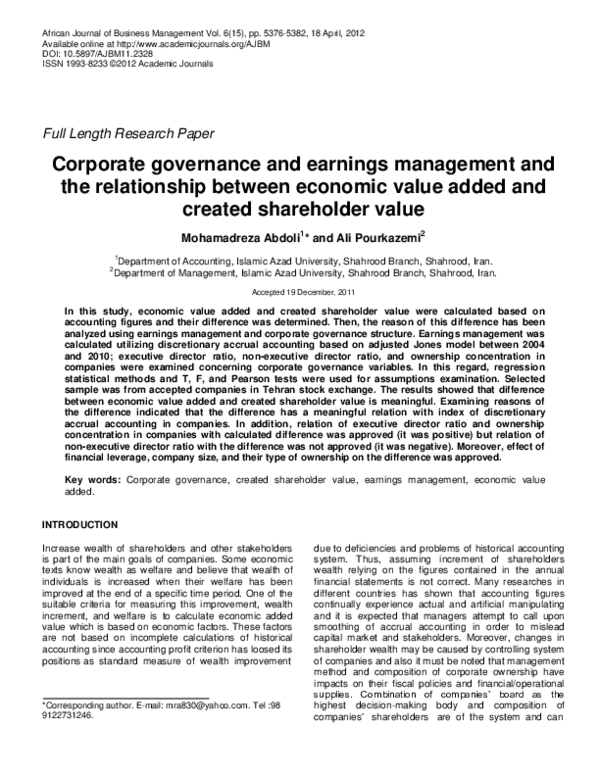 (PDF) Corporate governance and earnings management and the relationship between economic value ...