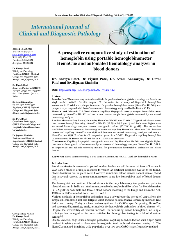 (PDF) A prospective comparative study of estimation of hemoglobin using ...