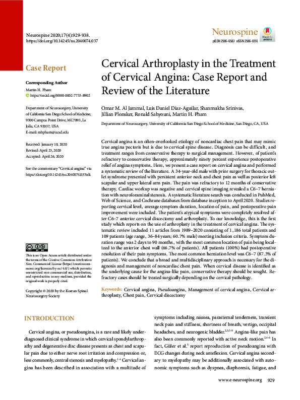 (PDF) Cervical Arthroplasty in the Treatment of Cervical Angina: Case ...