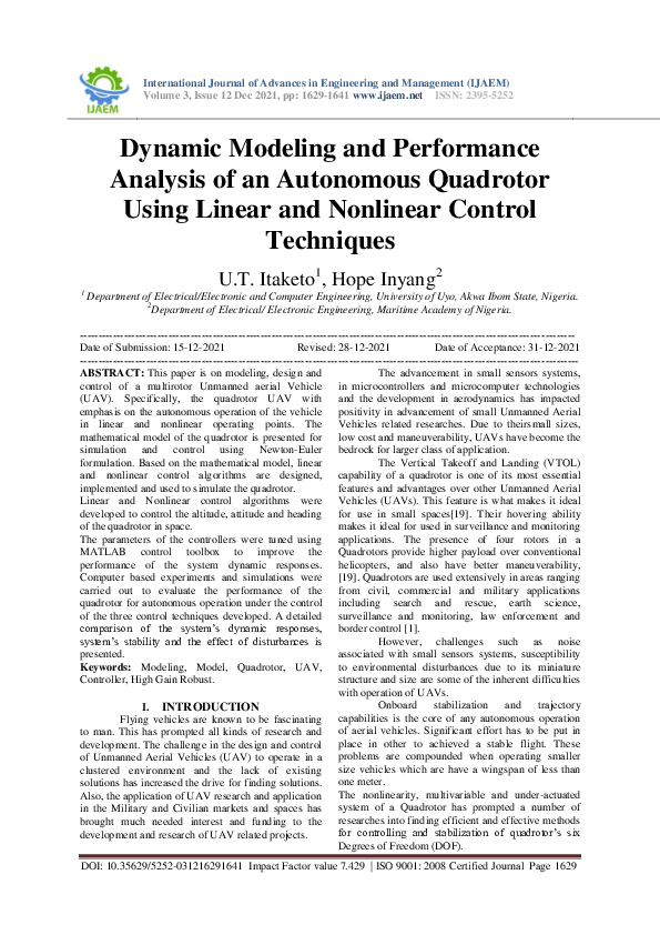 Pdf Dynamic Modeling And Performance Analysis Of An Autonomous Quadrotor Using Linear And