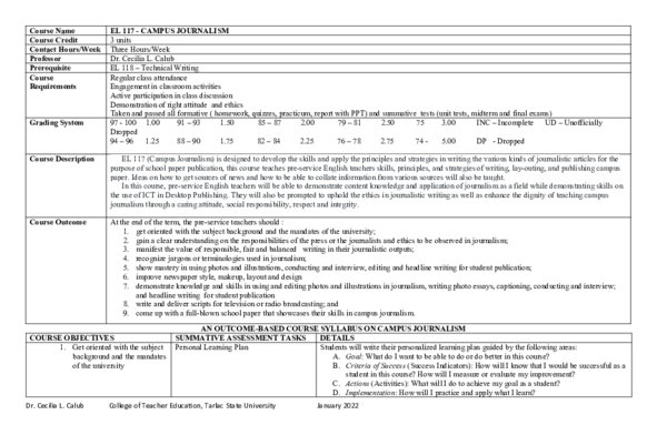 (DOC) OUTCOME-BASED COURSE SYLLABUS ON CAMPUS JOURNALISM