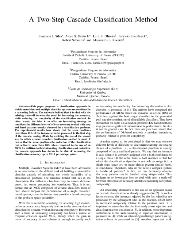 Pdf A Two Step Cascade Classification Method Alceu Britto