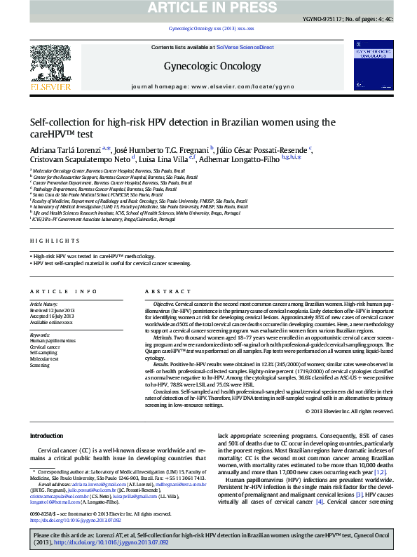 (PDF) Self-collection for high-risk HPV detection in Brazilian women ...