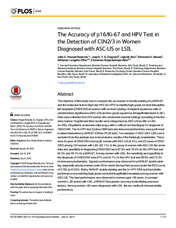 (PDF) The Accuracy of p16/Ki-67 and HPV Test in the Detection of CIN2/3 ...