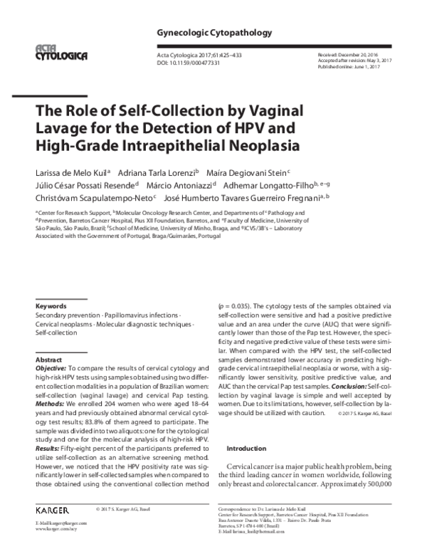 (PDF) The Role of Self-Collection by Vaginal Lavage for the Detection of HPV and High-Grade ...