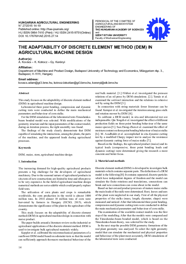 (PDF) The adaptability of discrete element method (DEM) in agricultural machine design