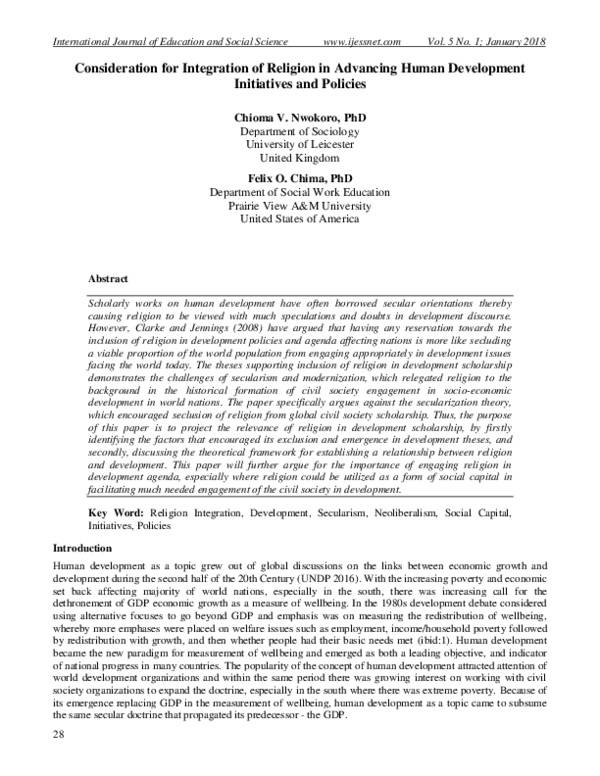 (PDF) Consideration for Integration of Religion in Advancing Human ...