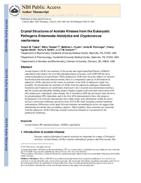 (PDF) Crystal structures of acetate kinases from the eukaryotic ...