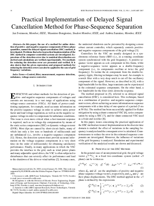 Pdf Practical Implementation Of Delayed Signal Cancellation Method For Phase Sequence Separation 