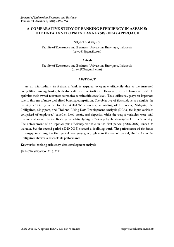 (PDF) A Comparative Study of Banking Efficiency in ASEAN-5: The Data Envelopment Analysis (Dea ...