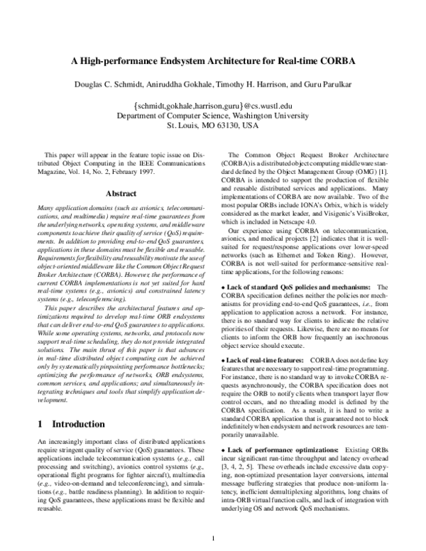 (PDF) A high-performance end system architecture for real-time CORBA