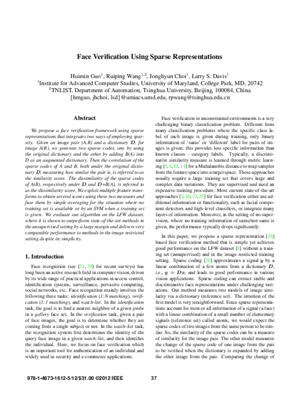Pdf Face Verification Using Sparse Representation Techniques
