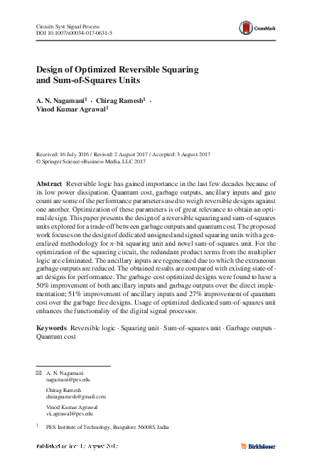 (PDF) Design of Optimized Reversible Squaring and Sum-of-Squares Units