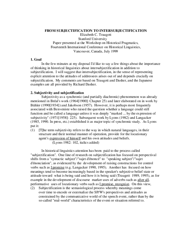 (PDF) From subjectification to intersubjectification