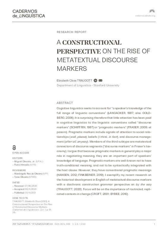 (PDF) A Constructional Perspective on the Rise of Metatextual Discourse ...
