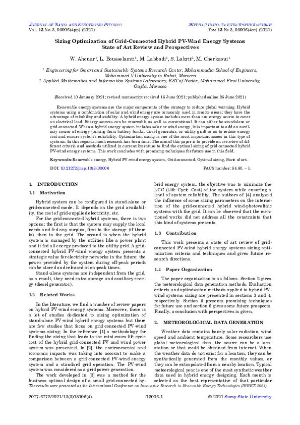 Pdf Sizing Optimization Of Grid Connected Hybrid Pv Wind Energy 4414