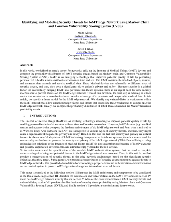 (PDF) Identifying and Modeling Security Threats for IoMT Edge Network using Markov Chain and ...