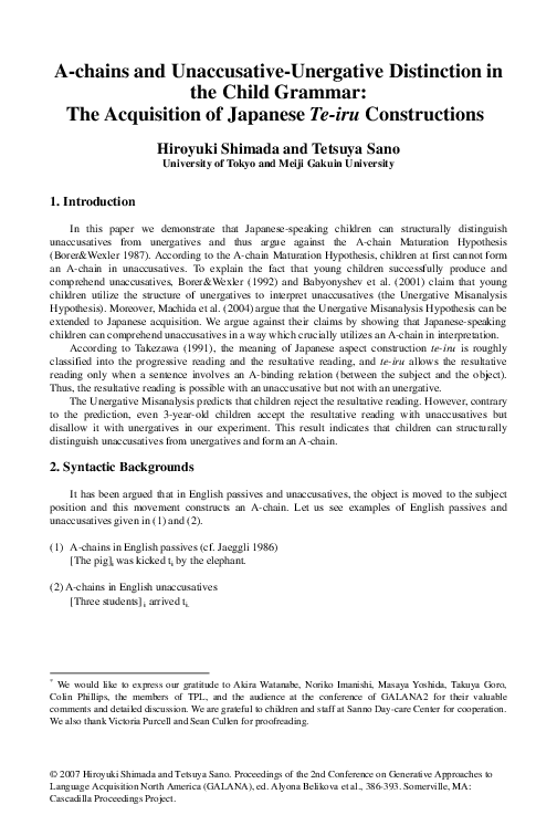 (PDF) A-chains and Unaccusative-Unergative Distinction in the Child Grammar: The Acquisition of ...