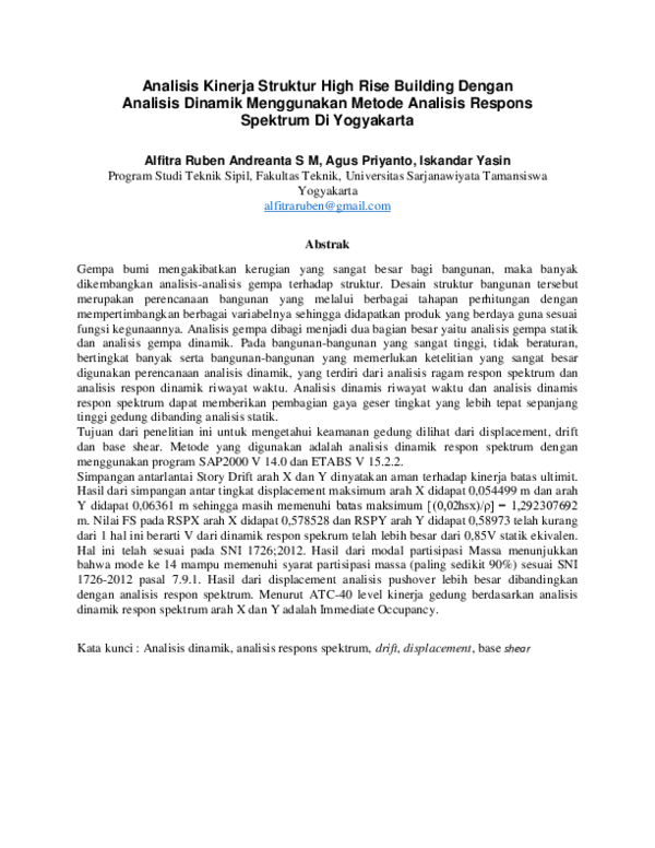 (PDF) Analisis Kinerja Struktur High Rise Building Dengan Analisis Dinamik Menggunakan Metode ...