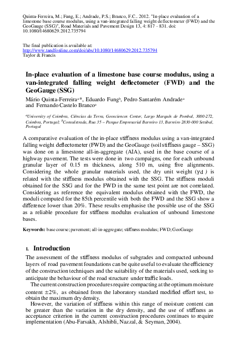 (PDF) In-place evaluation of a limestone base course modulus, using a ...
