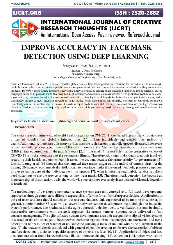 (PDF) Improve Accuracy in Face Mask Detection Using Deep Learning