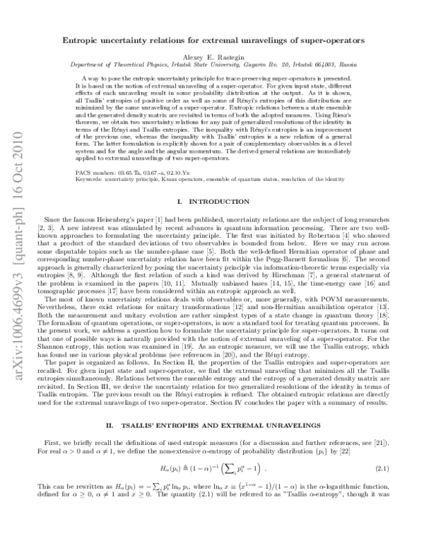 (PDF) Entropic uncertainty relations for extremal unravelings of super-operators