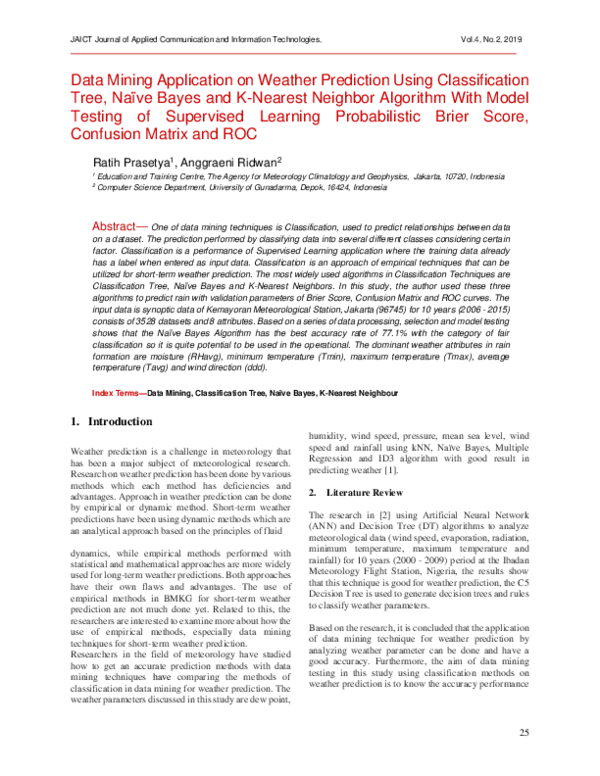 Pdf Weather Prediction Using Data Mining Techniques 