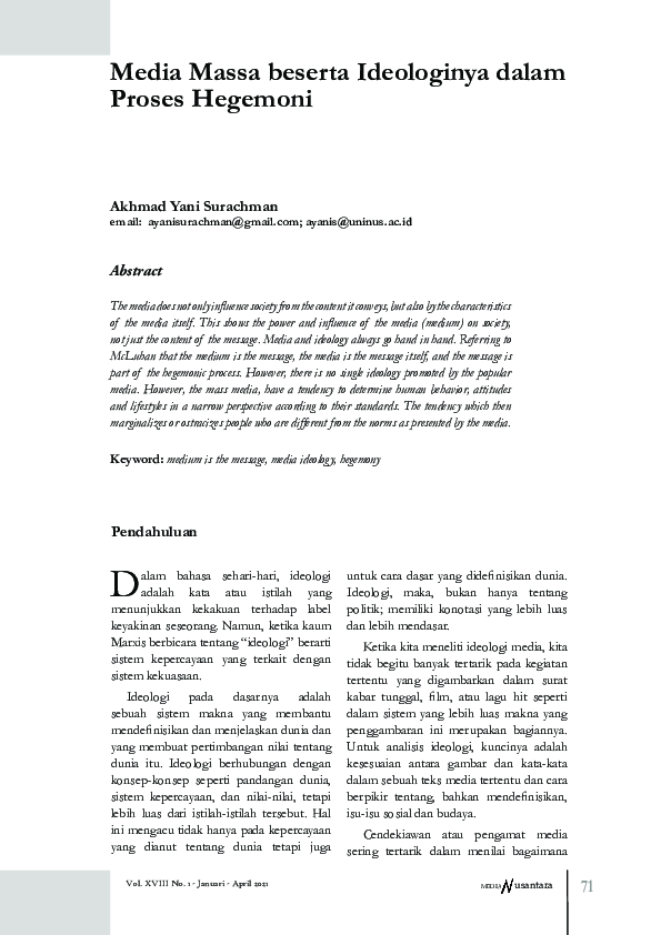 (PDF) Media Massa beserta Ideologinya dalam Proses Hegemoni