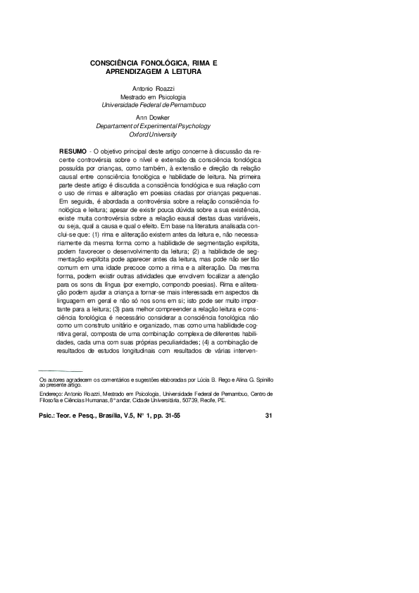 (PDF) Consciência Fonológica, Rima e Aprendizagem a Leitura