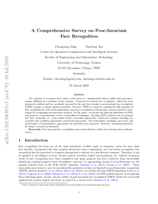 Pdf A Comprehensive Survey On Pose Invariant Face Recognition