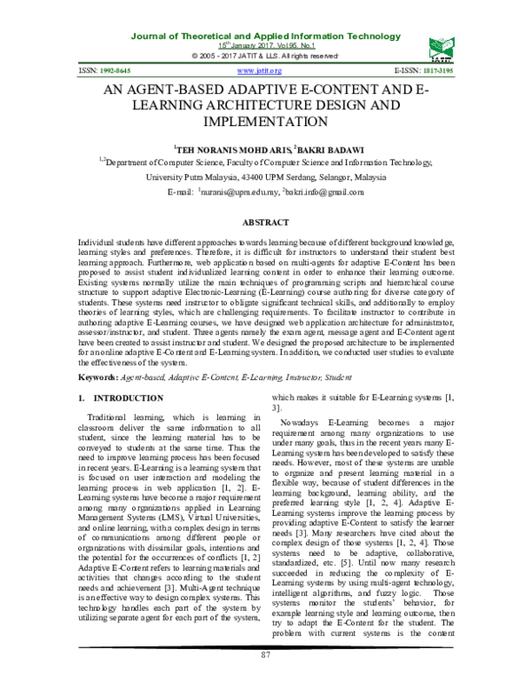 (PDF) An agent-based adaptive e-content and e-learning architecture design and implementation