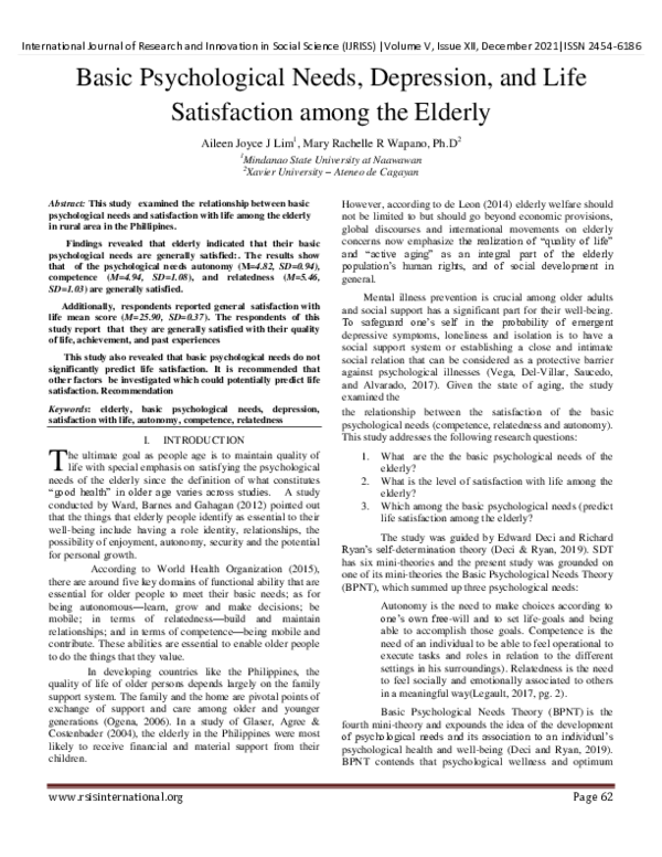 (PDF) Basic Psychological Needs, Depression, and Life Satisfaction among the Elderly