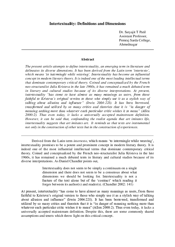 (PDF) Intertextuality: Definitions and Dimensions