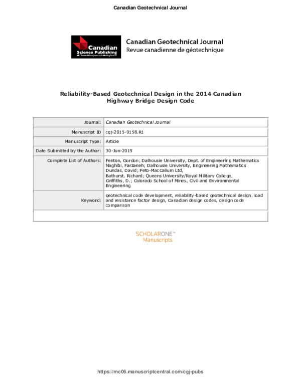 (PDF) Reliability-based geotechnical design in 2014 Canadian Highway ...