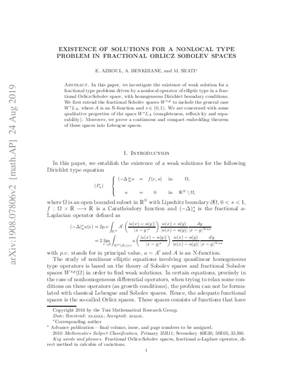 Pdf Existence Of Solutions For A Nonlocal Type Problem In Fractional Orlicz Sobolev Spaces