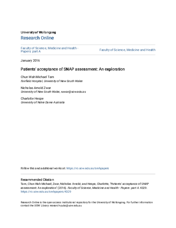 (PDF) Patients' acceptance of SNAP assessment: An exploration
