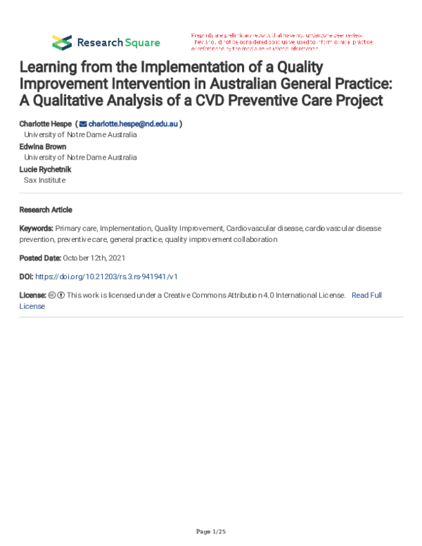 Pdf Learning From The Implementation Of A Quality Improvement