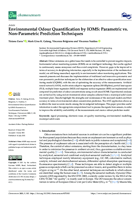 (PDF) Environmental Odour Quantification by IOMS: Parametric vs. Non-Parametric Prediction ...