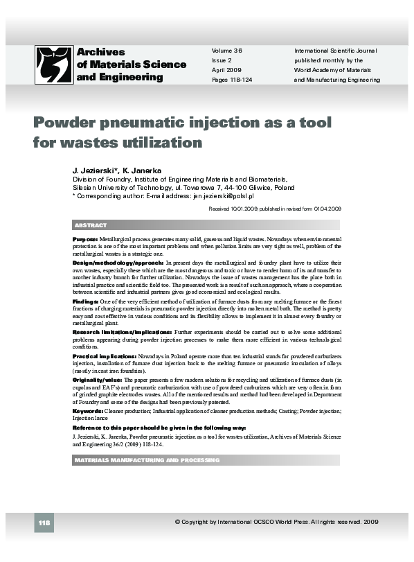 (PDF) Powder pneumatic injection as a tool for wastes utilization